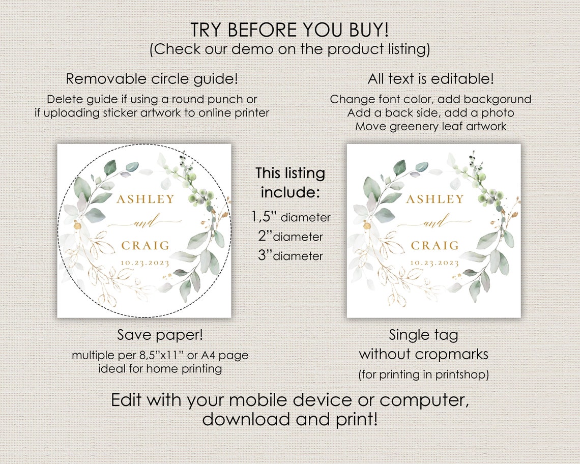 Round Favor Tag Template Greenery Round Favor Tag Template | Etsy