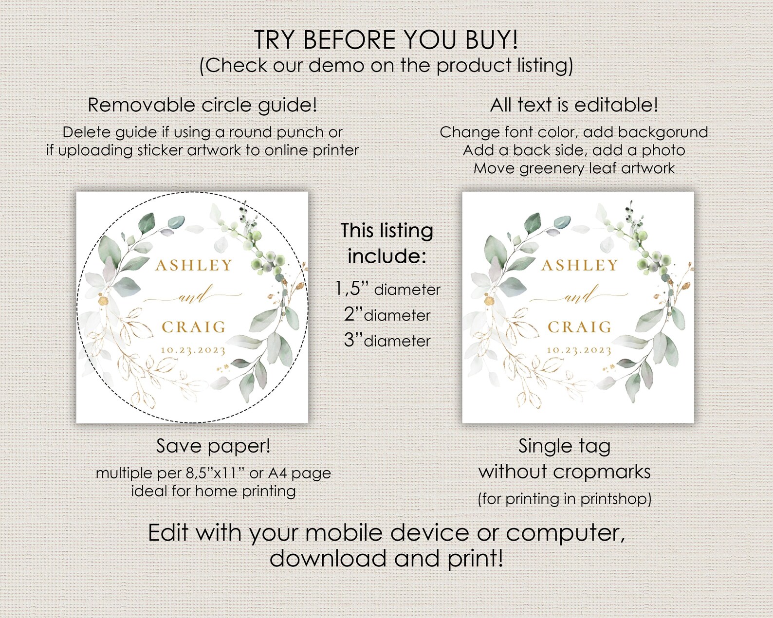 Round Favor Tag Template Greenery Round Favor Tag Template | Etsy