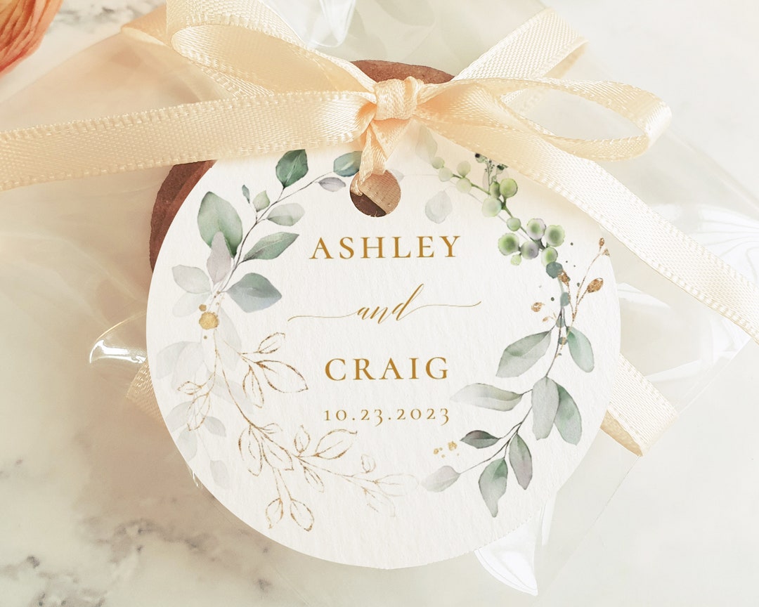 Round Favor Tag Template, Greenery Round Favor Tag Template, Editable ...