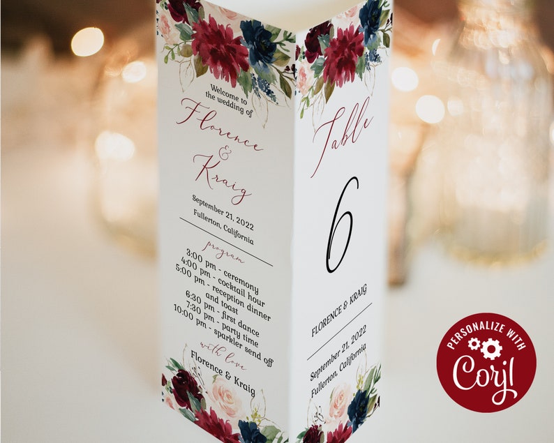 Trifold Table Stand Template Burgundy Tri-fold Table Number | Etsy