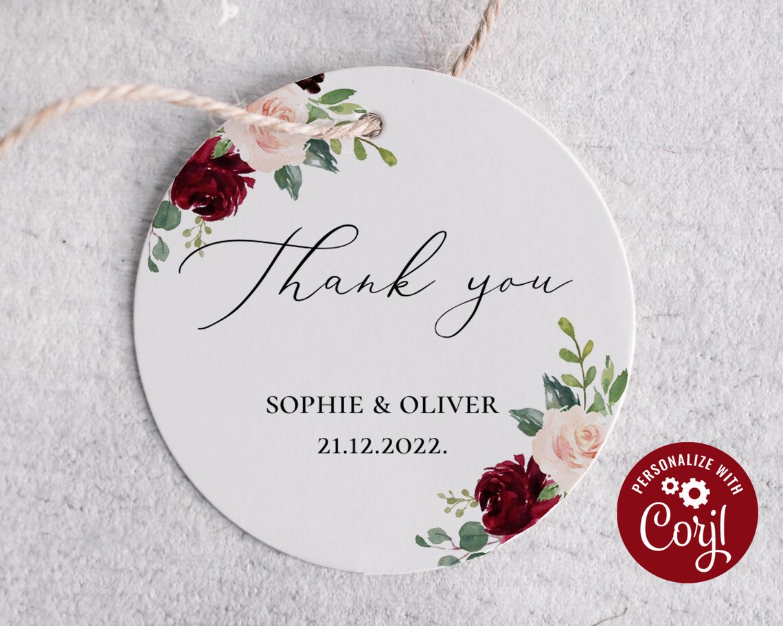 Burgundy Round Favor Tag Template Printable Round Wedding | Etsy