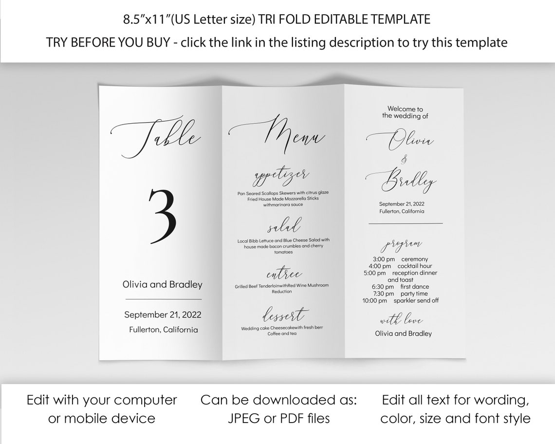 Wedding Table Number Trifold Template Modern Minimalist - Etsy