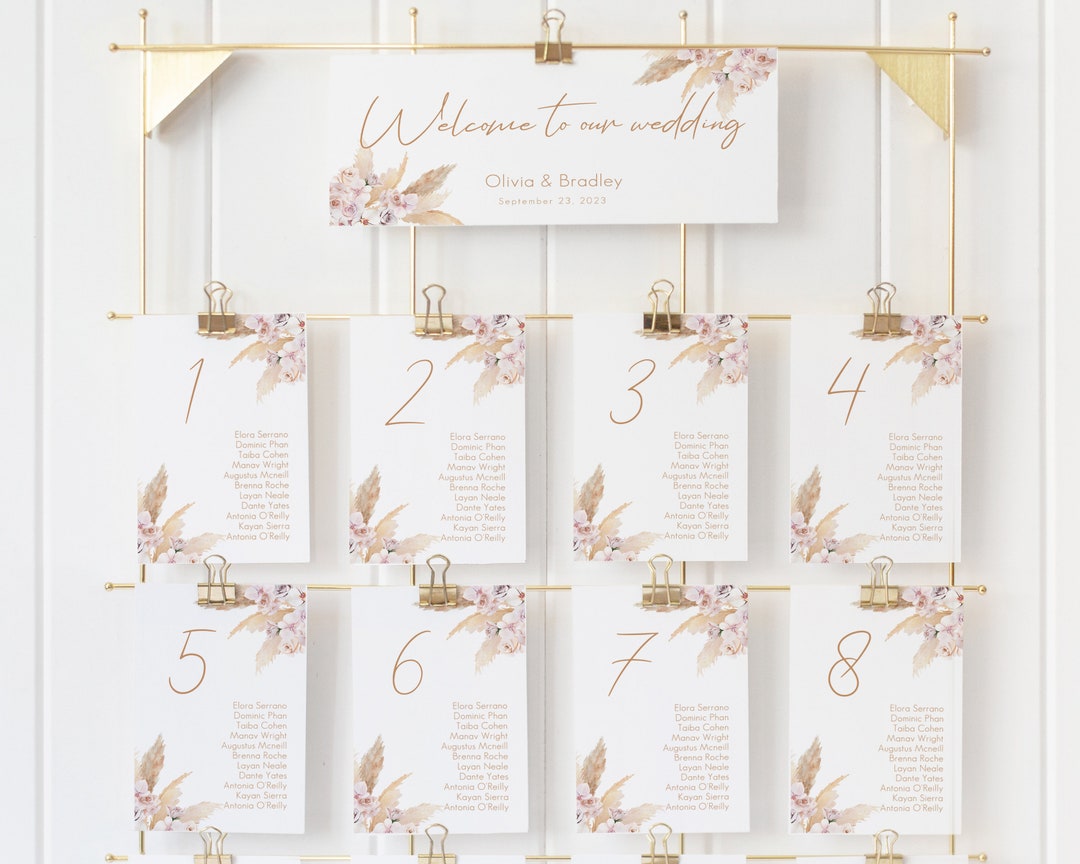 Boho Bohemian Seating Chart Card Template, Pampas Grass Seating Plan ...