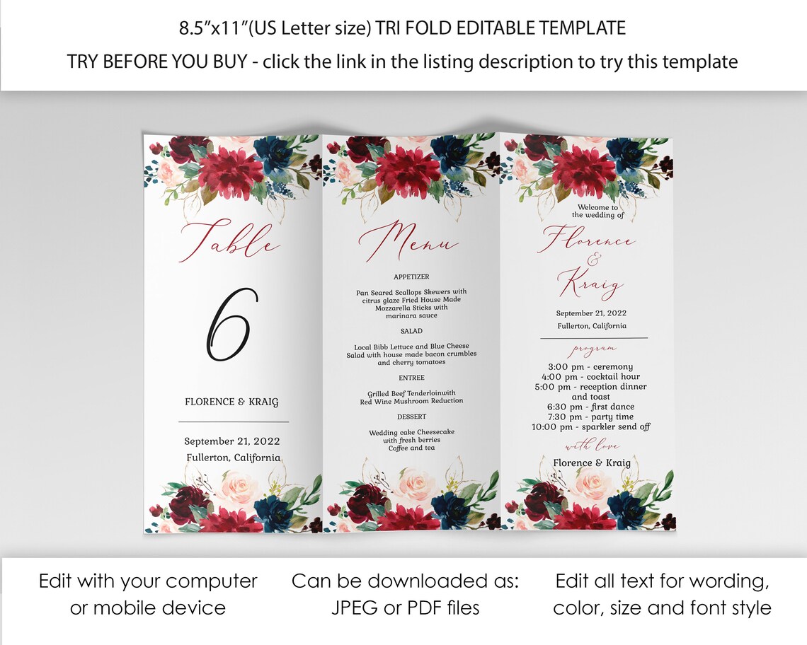 Trifold Table Stand Template Burgundy Tri-fold Table Number - Etsy