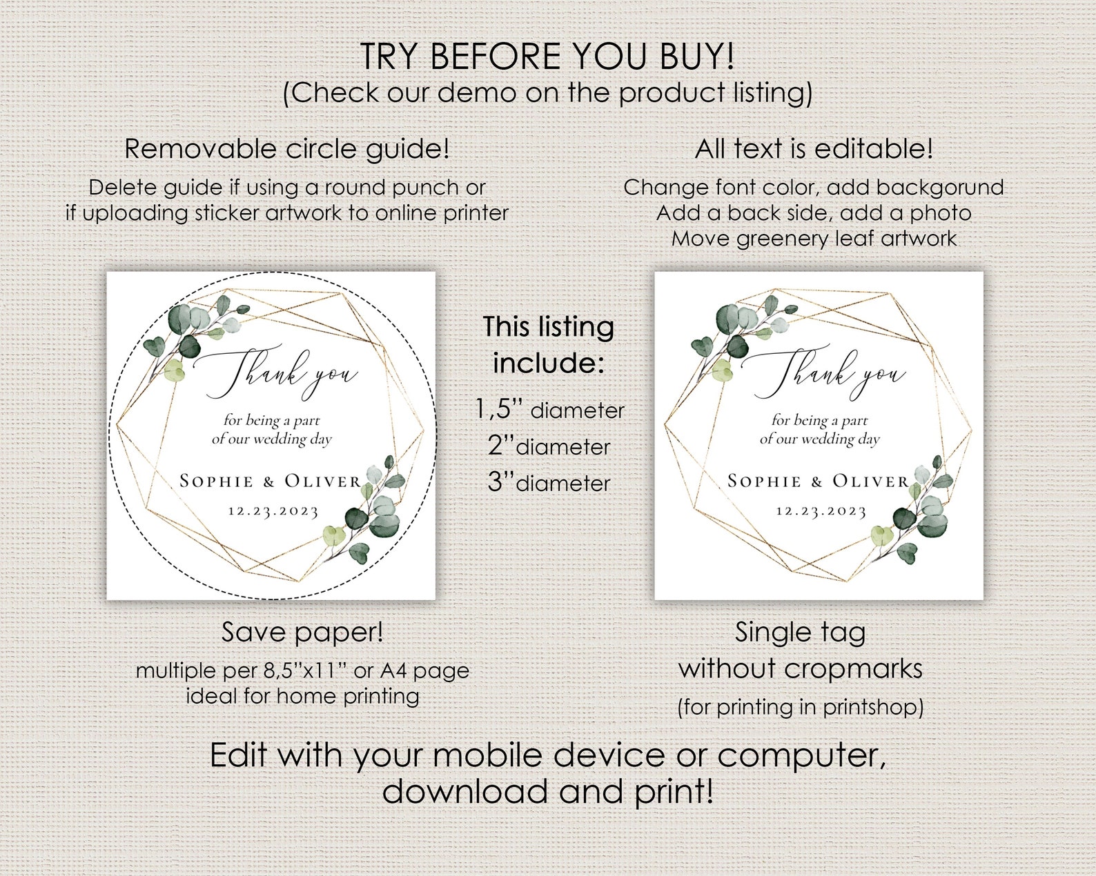 Round Tag Template Greenery Round Favor Tag Template - Etsy