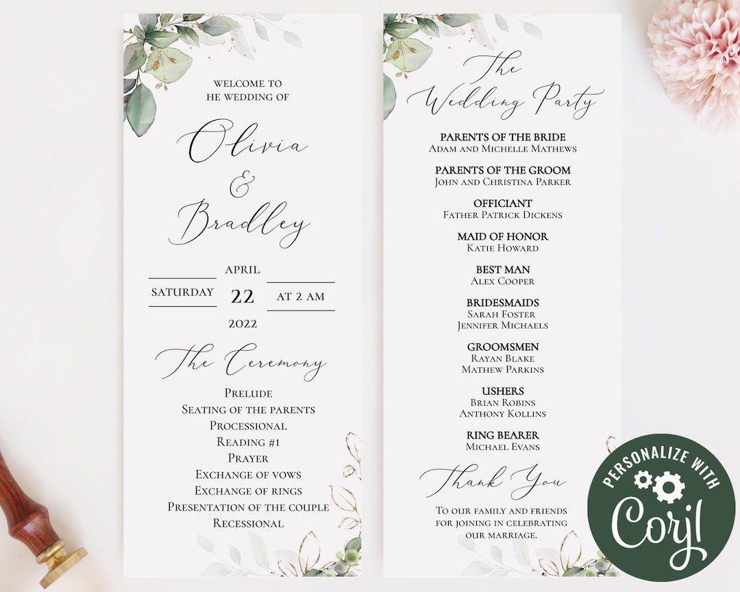 Wedding Program Template, Printable Wedding Ceremony Program, Greenery ...