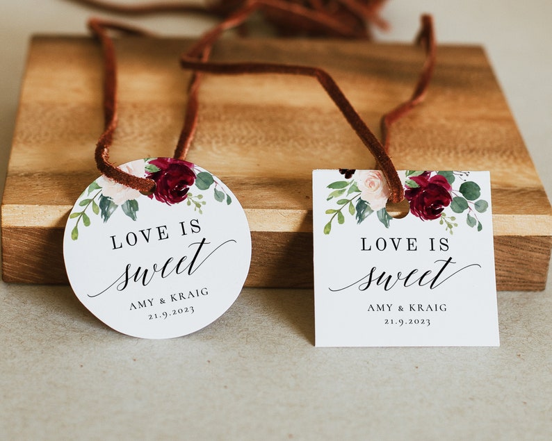 Burgundy Round Favor Tag Template Printable Round Wedding | Etsy