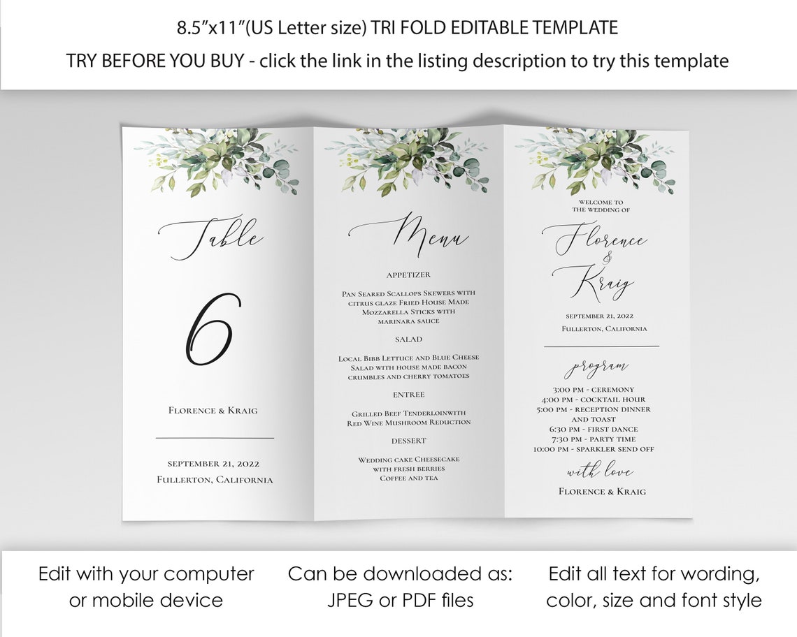 Trifold Table Stand Template Greenery Tri-fold Table Number - Etsy
