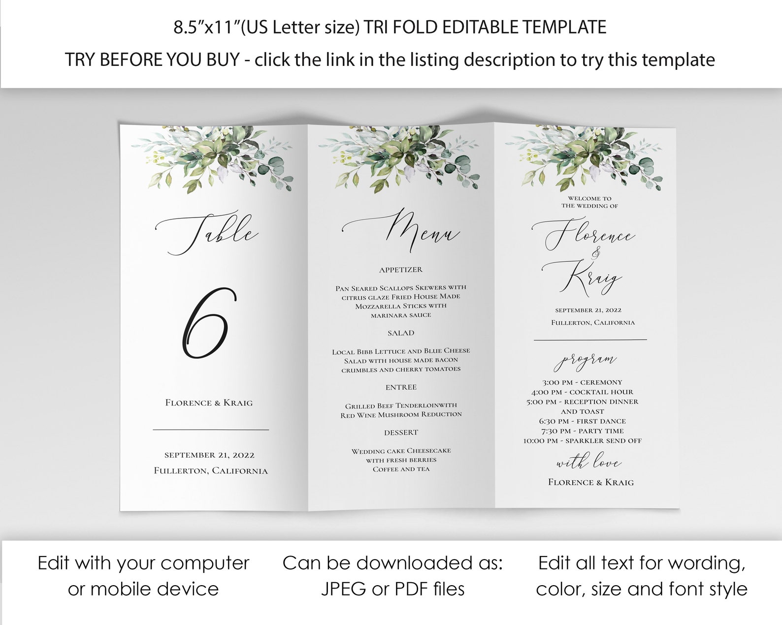 Trifold Table Stand Template Greenery Tri-fold Table Number | Etsy