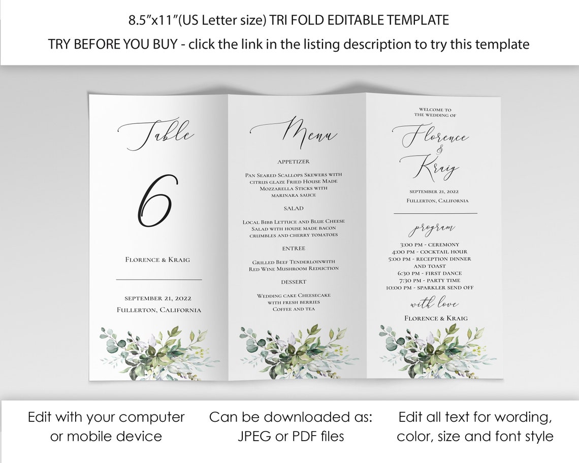 Trifold Table Stand Template, Greenery Tri-fold Table Number Template ...