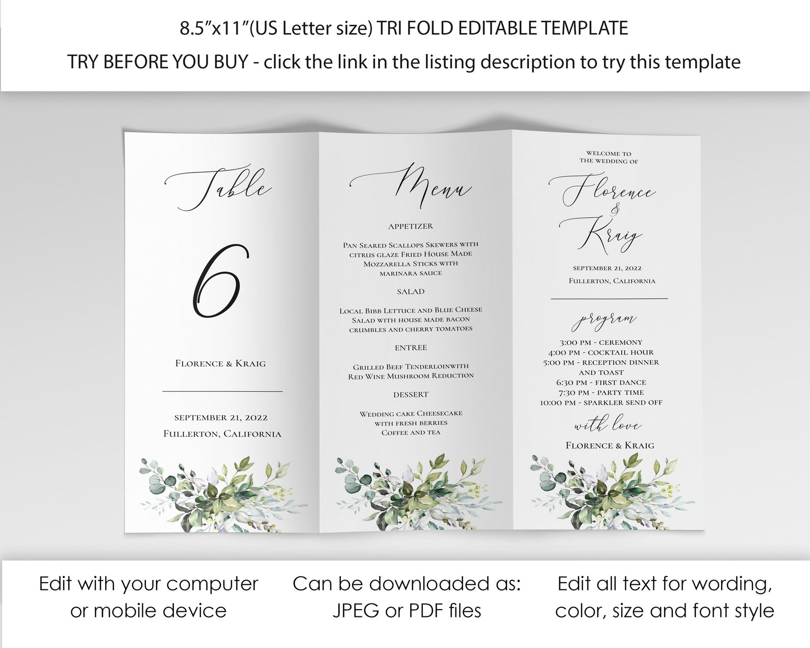 Trifold Table Stand Template, Greenery Tri-fold Table Number Template ...