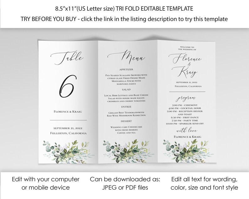 Trifold Table Stand Template, Greenery Tri-fold Table Number Template ...