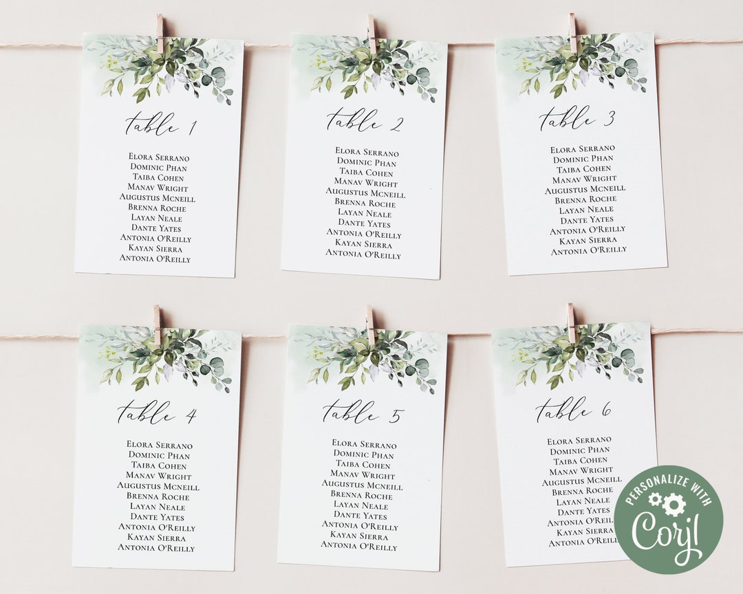 Seating Chart Cards, Greenery Eucalyptus Leaves, Seating Chart Card ...