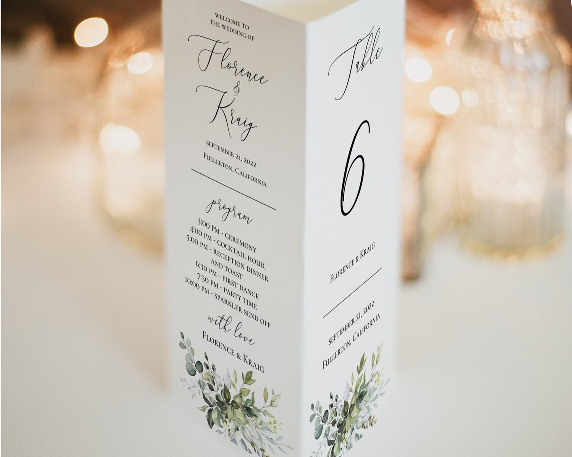 Trifold Table Stand Template, Greenery Tri-fold Table Number Template ...