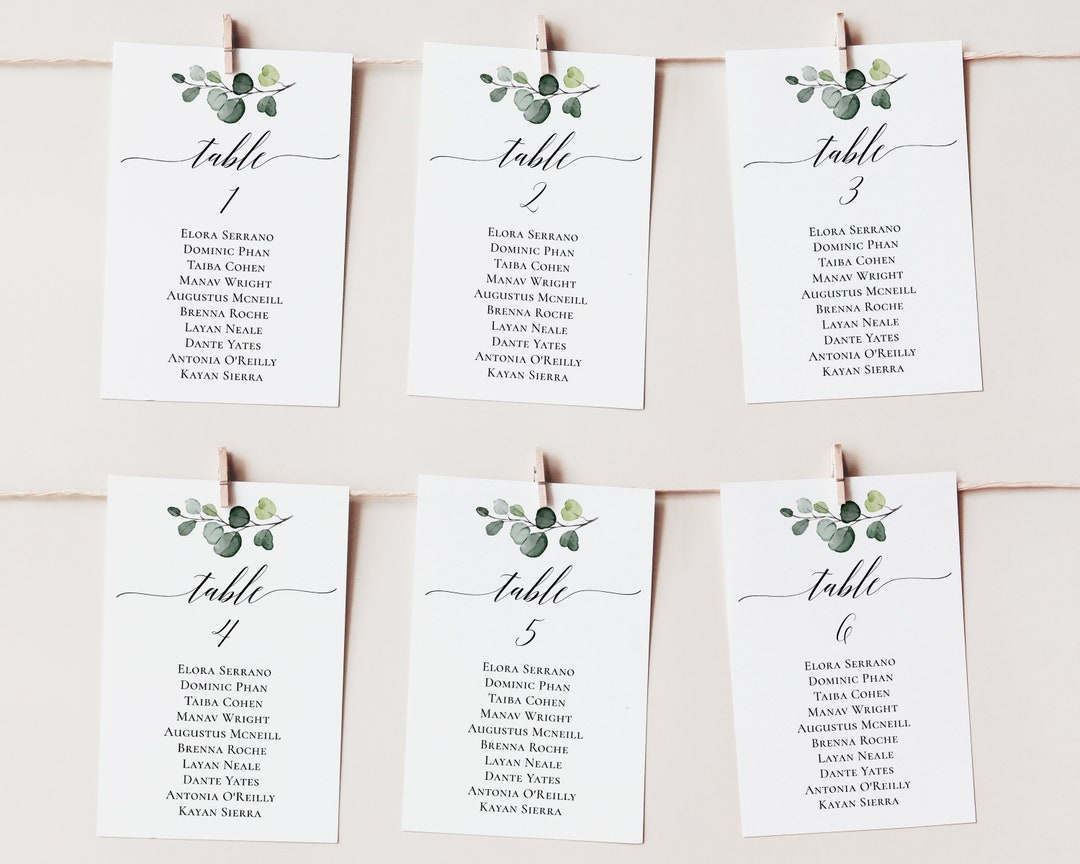Greenery Seating Chart Cards, Seating Chart Card Editable Template ...