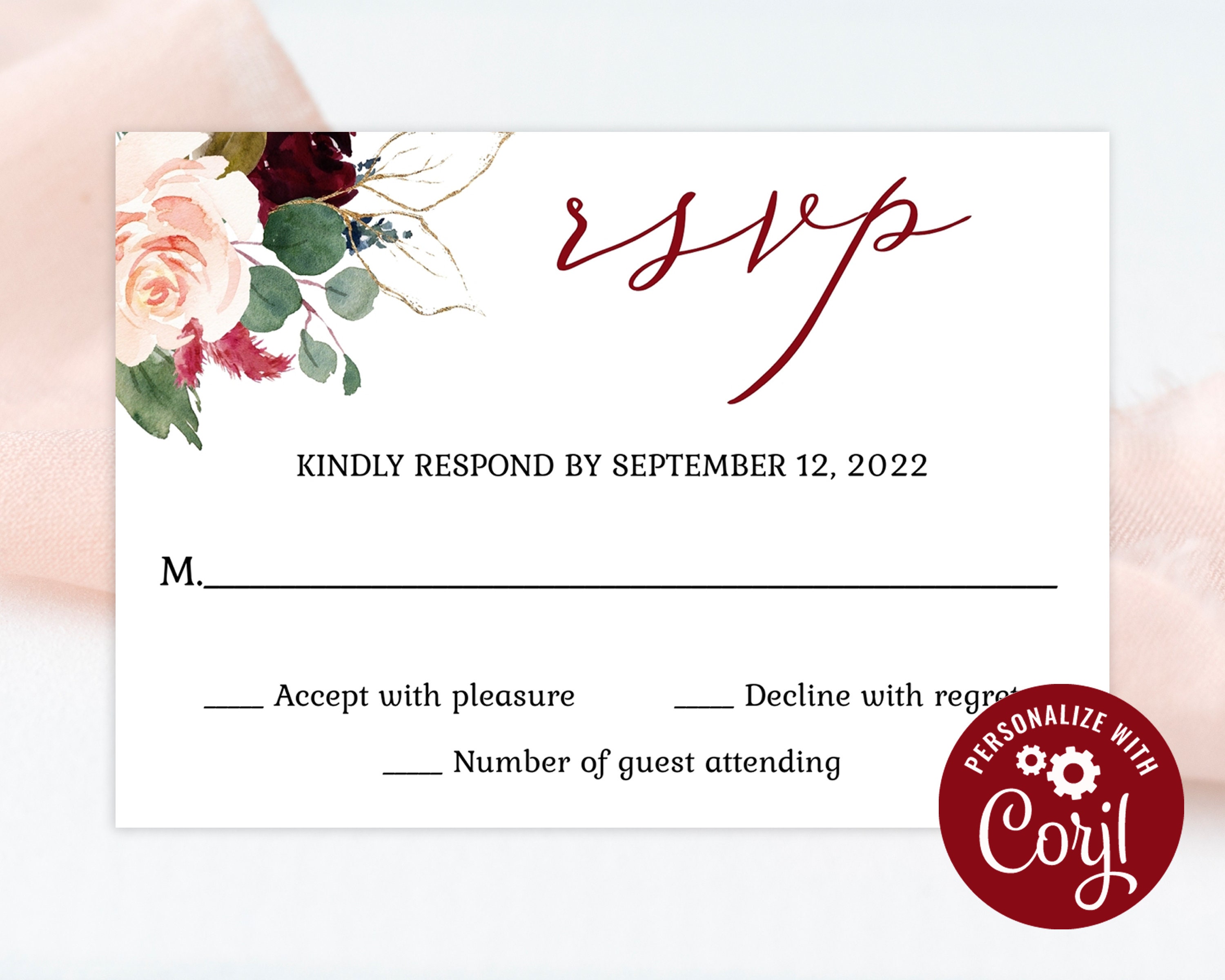 RSVP Card Editable Template Burgundy Floral Kindly Reply - Etsy