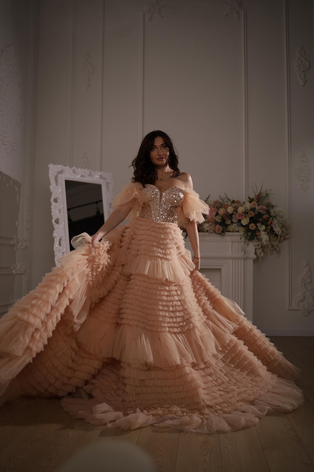 Blush Wedding Tulle Flounced Dress, Formal Evening Gown, Prom Corset Dress, Tiered Tulle Dress ...