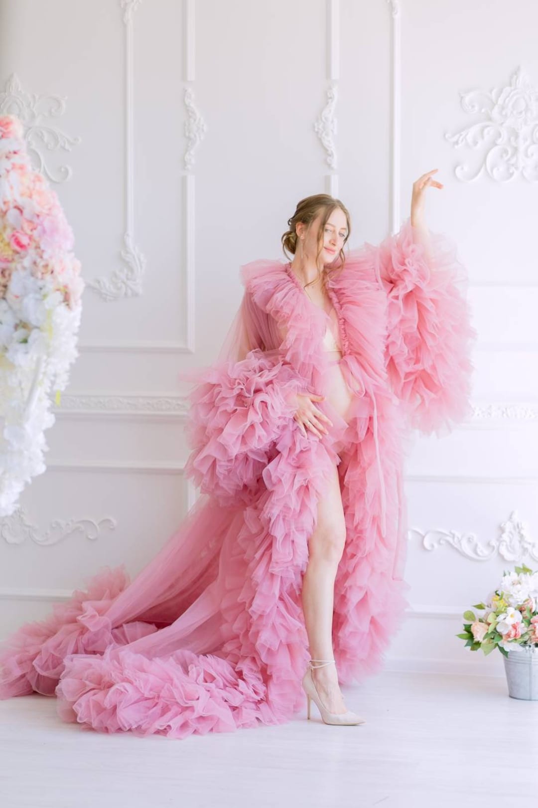 Bridal Photo Robe, Womens Pink Dressing Robe, Puffy Boudoir Robe Gown ...