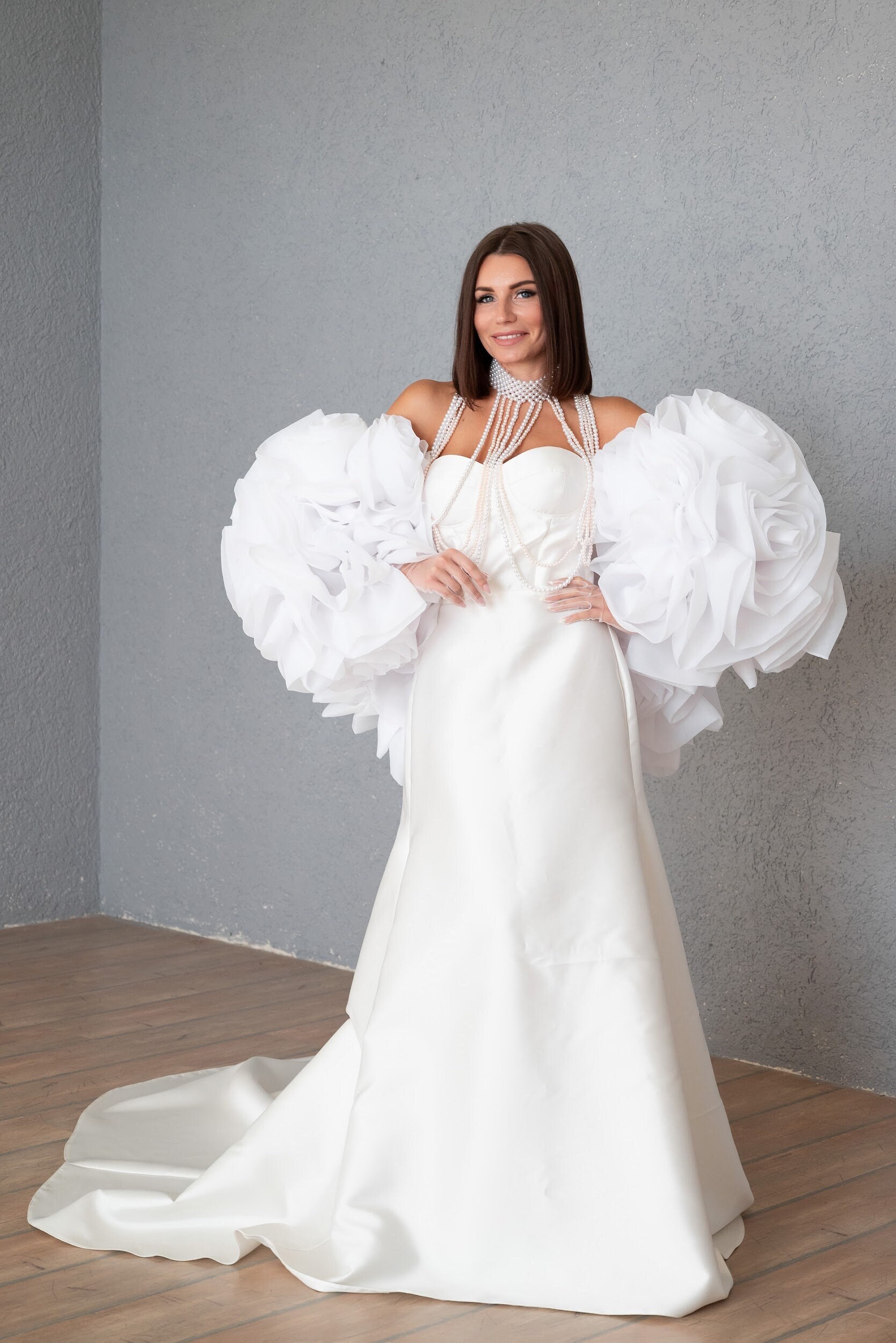 White Detachable Bridal Cape With 3D Flowers - Botanical Bride Wedding ...