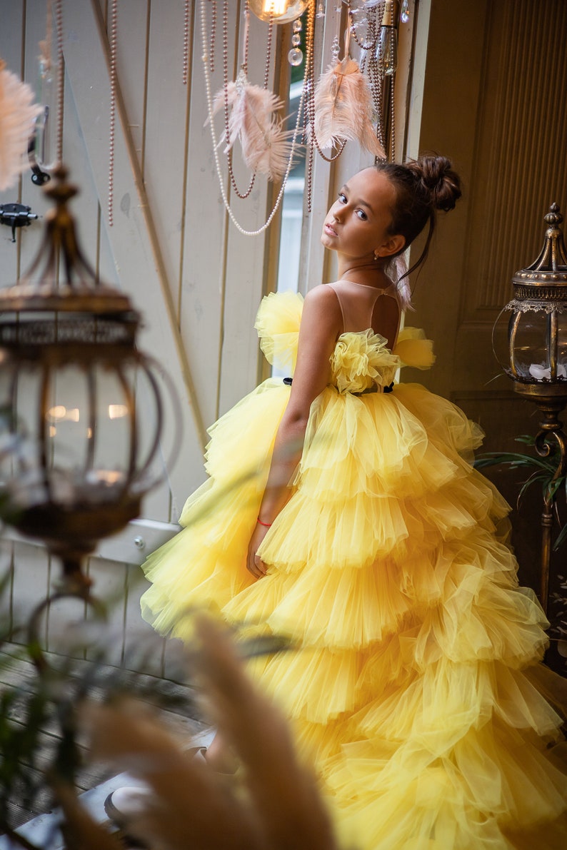 Yellow Ruffle Tulle Formal Pageant Dress for Girls - High Low Princess ...
