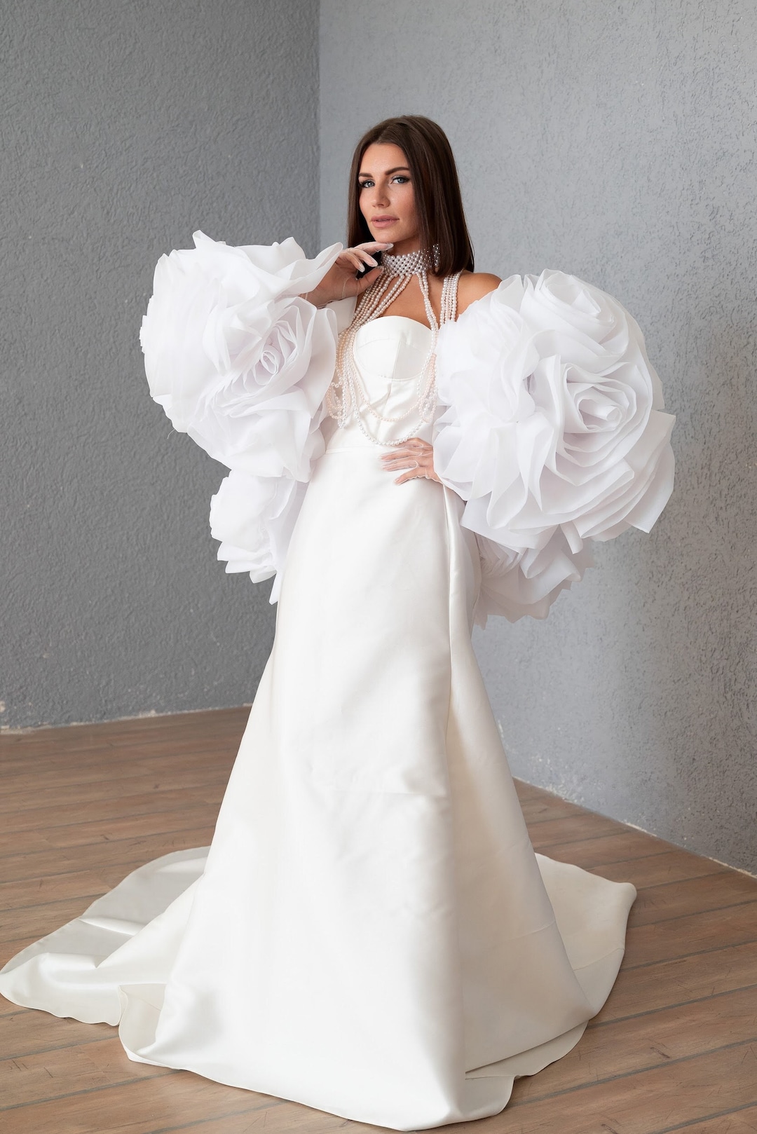 White Volumetric Floral Organza Wedding Cape, 3D Flowers Bridal Cape ...