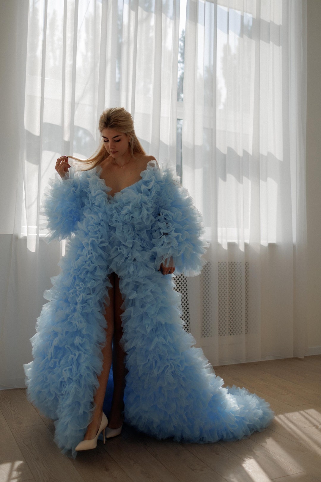 Blue Tulle Ruffled Coat for Photoshoot, Pregnancy Cape, Boudoir Coat ...