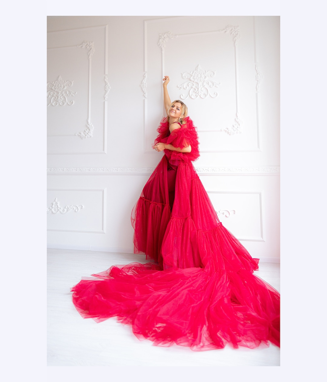 Hot Red Tulle Gown, Bridal Cape With Train, Long Tulle Robe, Boudoir ...