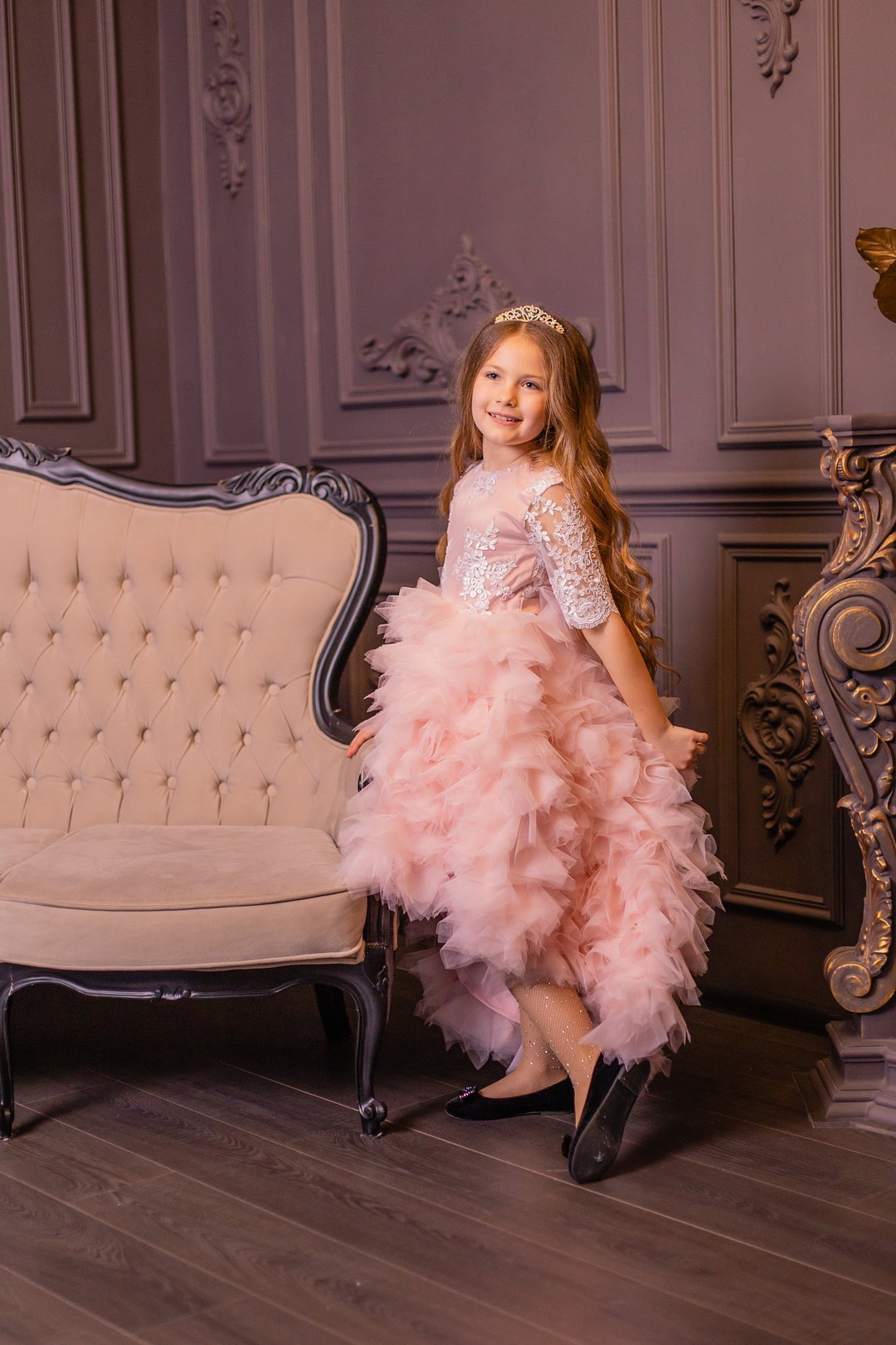 Blush Pink Girl Tulle Dress Lace Flower Girl Dress Blush Princess