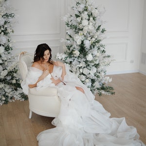 White Open Belly Maternity Cape, Boudoir Gown With Train, Ruffle ...