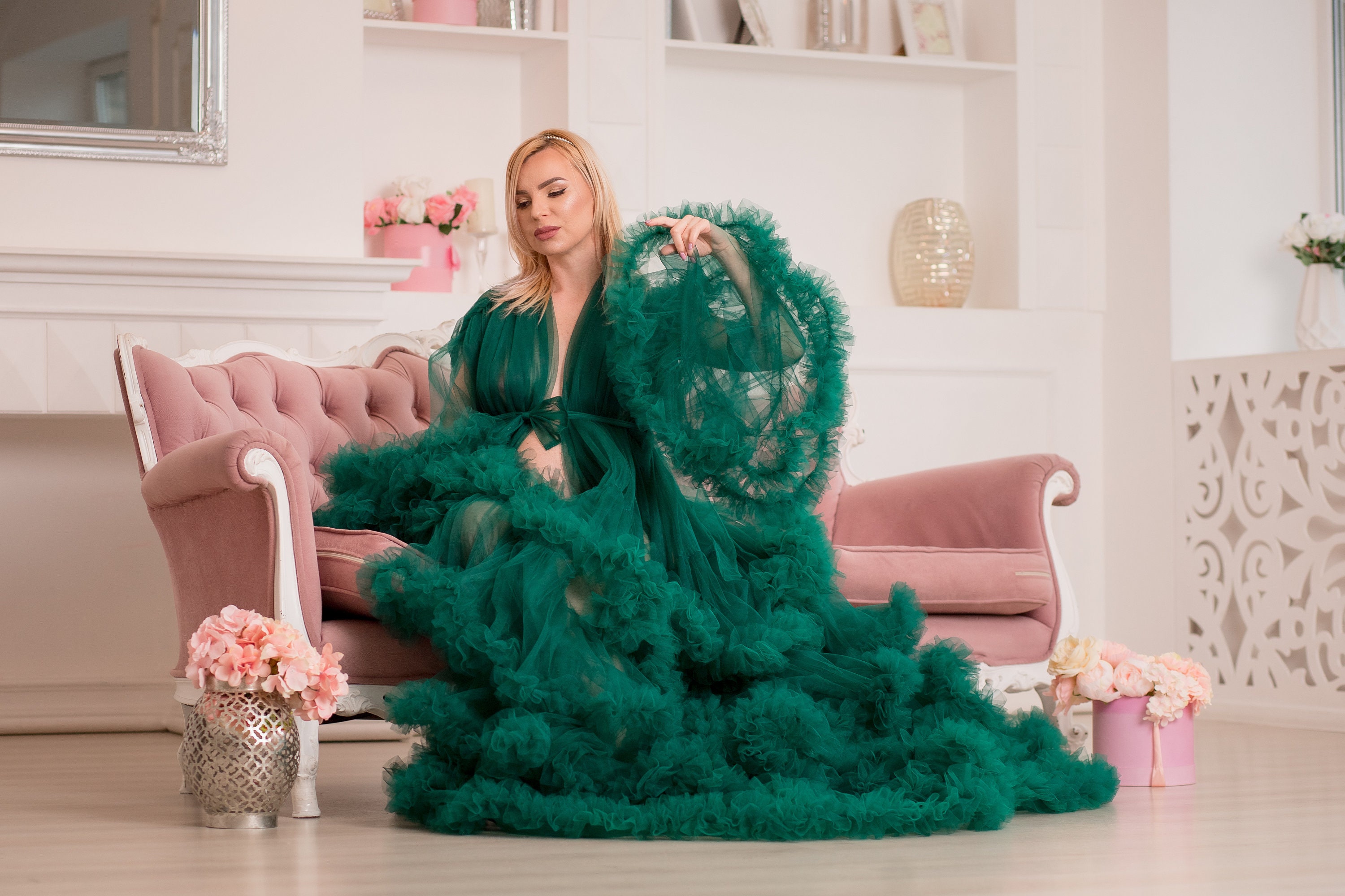 Emerald Green Tulle Dressing Gown, Boudoir Robe, Photography Robe ...