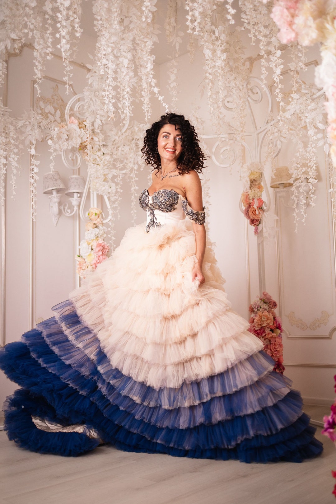 Ombre Blue Wedding Dress, Couture Wedding Gown, Tulle Tiered Dress ...