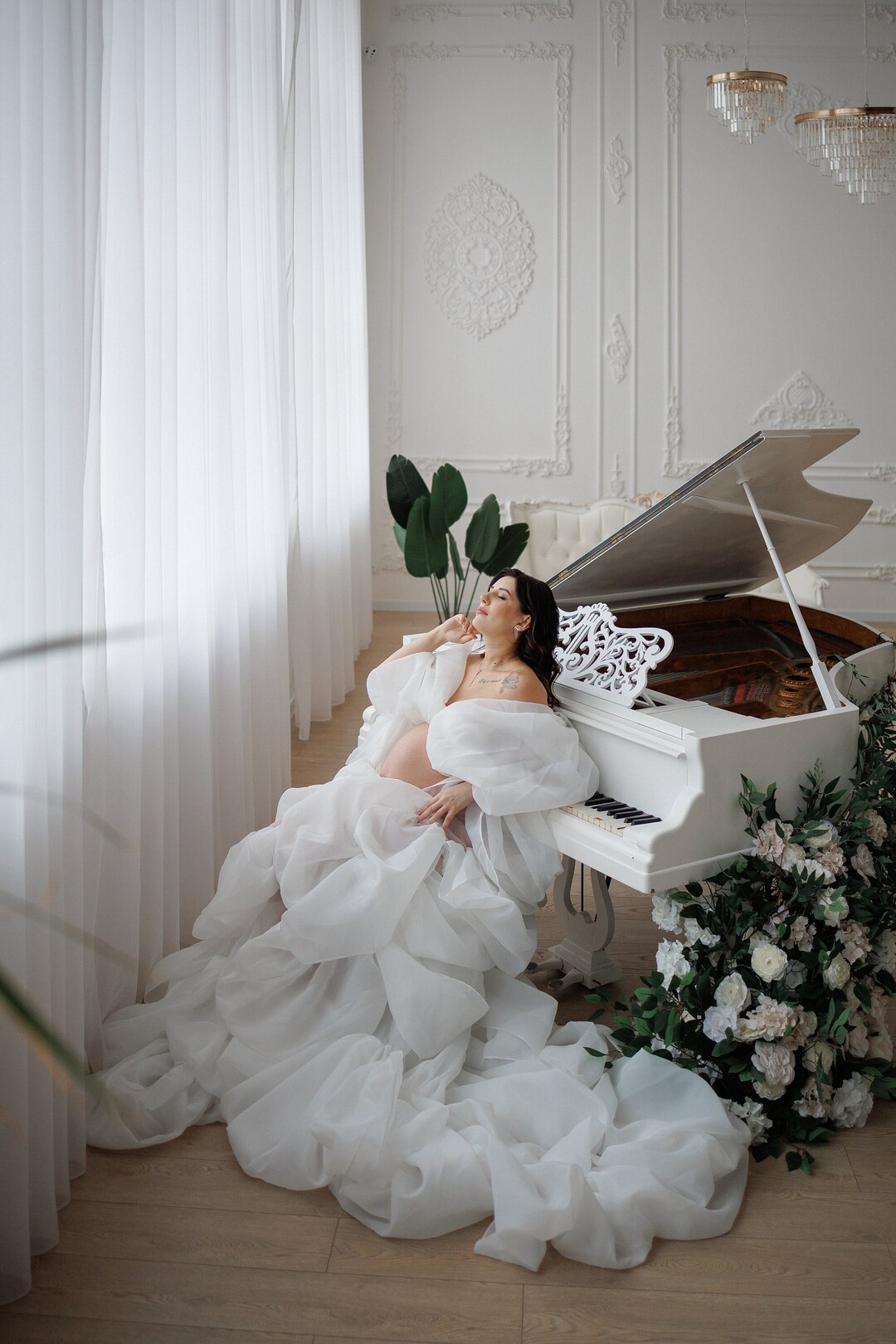 White Open Belly Maternity Cape, Boudoir Gown With Train, Ruffle ...