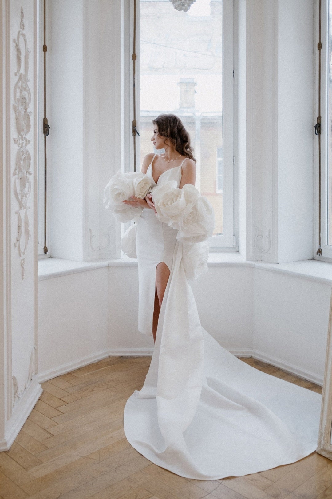 Satin Bridal Cape With 3D Flowers, Detachable Wedding Cape, Dramatic ...