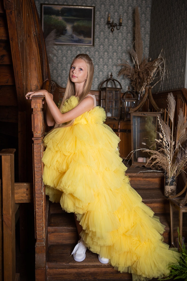 Yellow Ruffle Tulle Formal Pageant Dress for Girls - High Low Princess ...