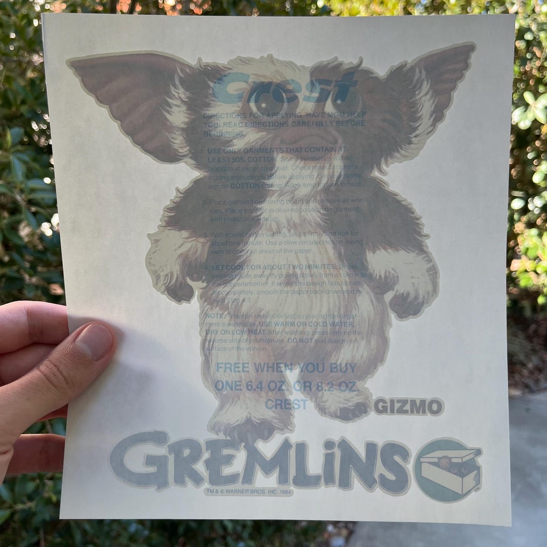 Vintage 1984 Gizmo Gremlins Iron on Transfer Crest Toothpaste Promo ...