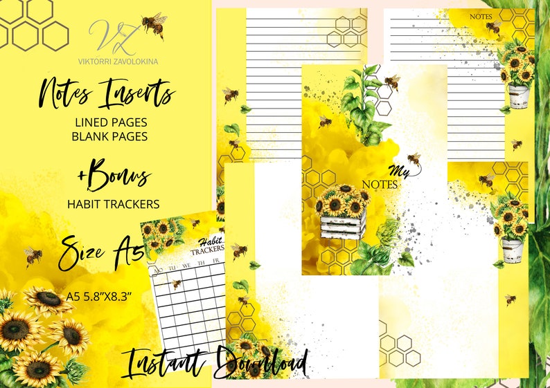 Lined Notes and Unlined Journal Paper - Sunflowers Bees Printable ...