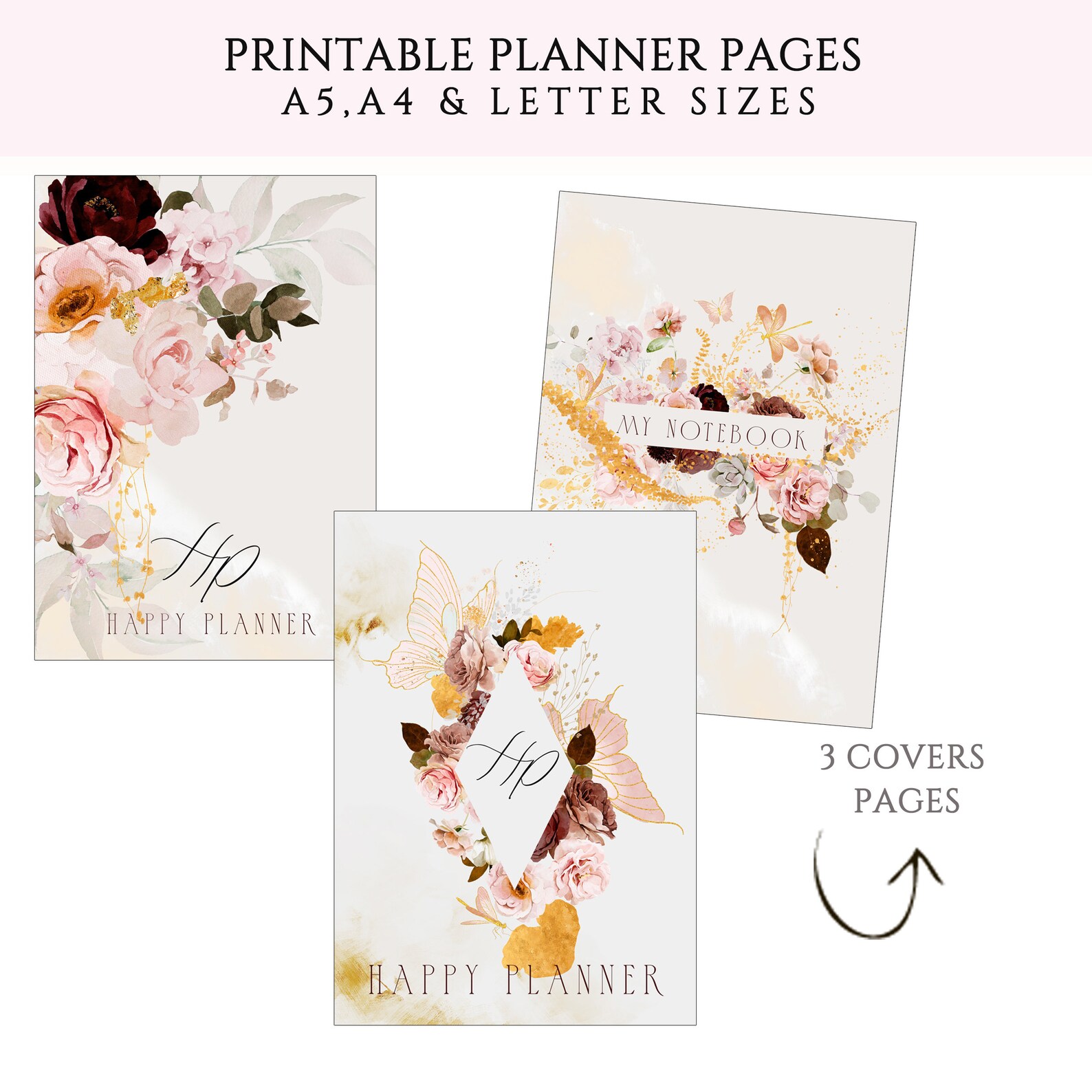Flowers Printable Planner Pages, Floral Notebook Cover With Undated ...