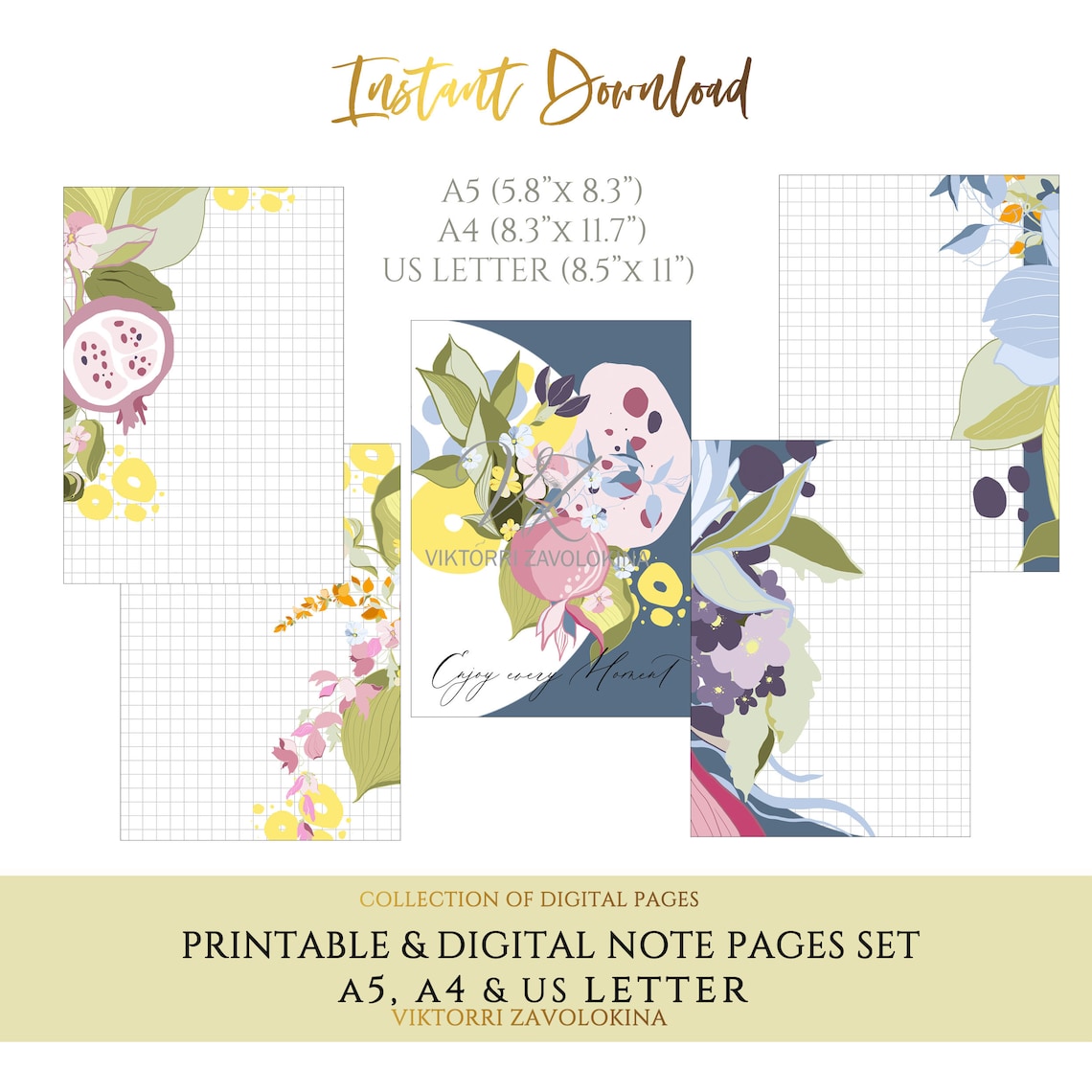 Floral Printable Note Pages, Digital Notebook Paper for Note Talking ...