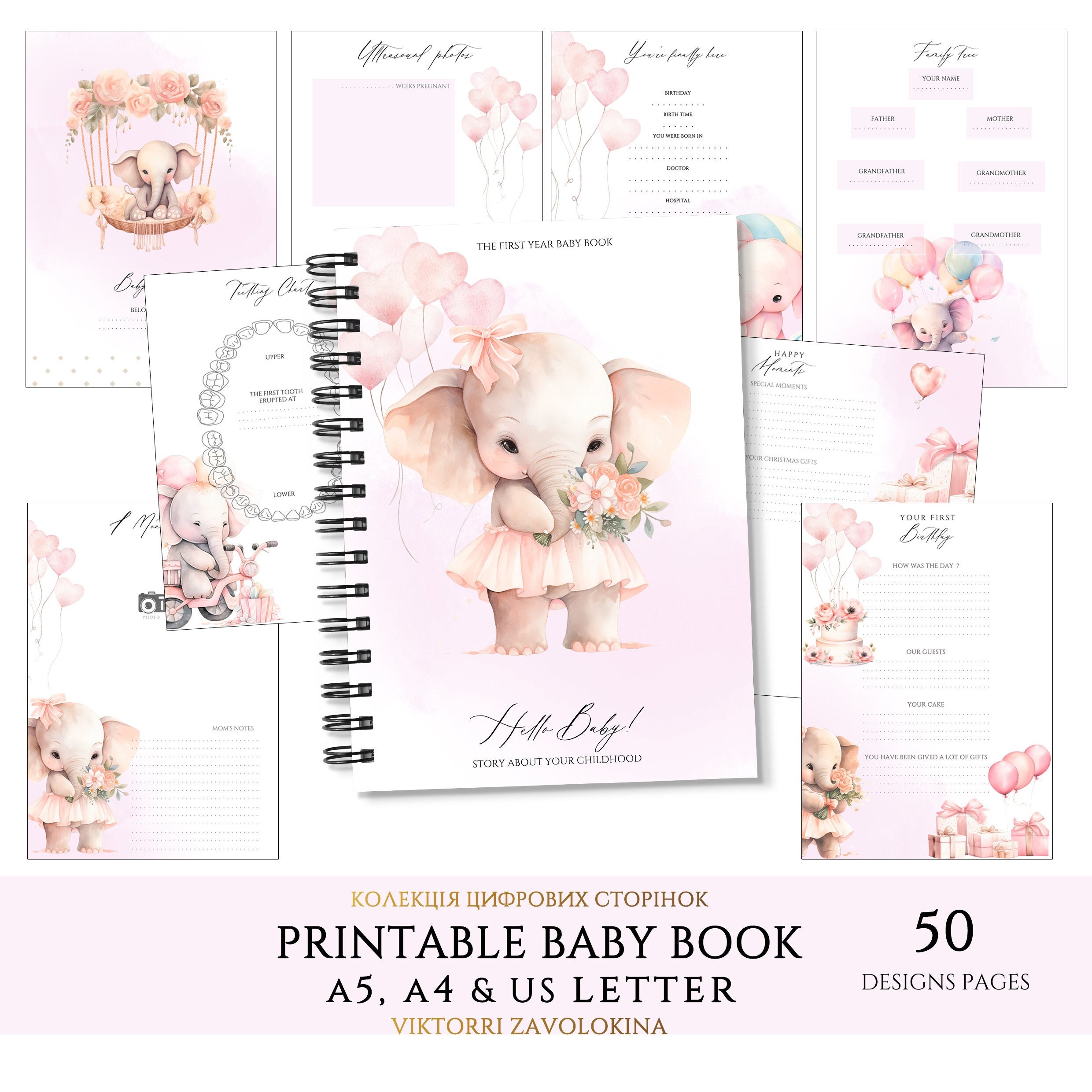 1st Printable Baby Book Pages, Pink Elephant Baby Memory Book, First ...