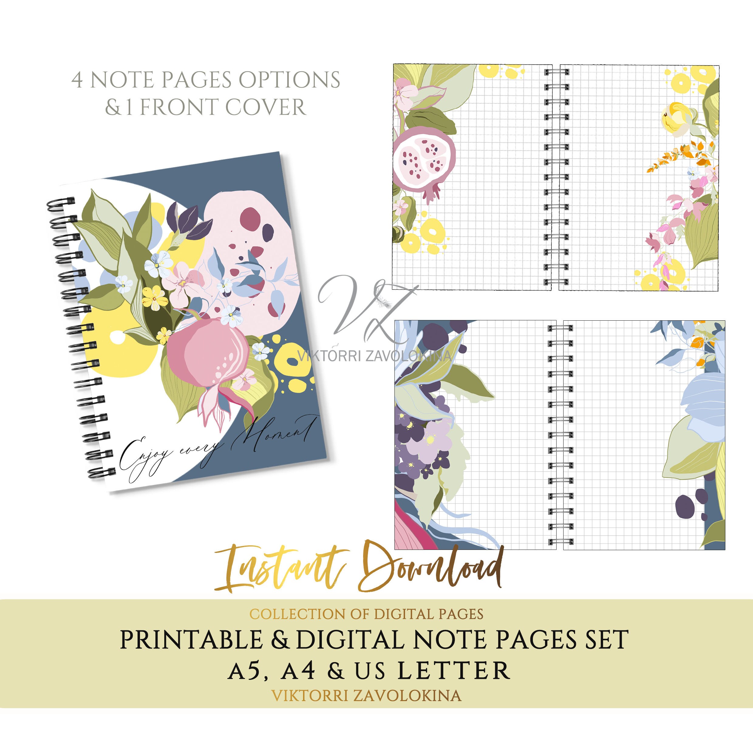 Floral Printable Note Pages, Digital Notebook Paper for Note Talking ...