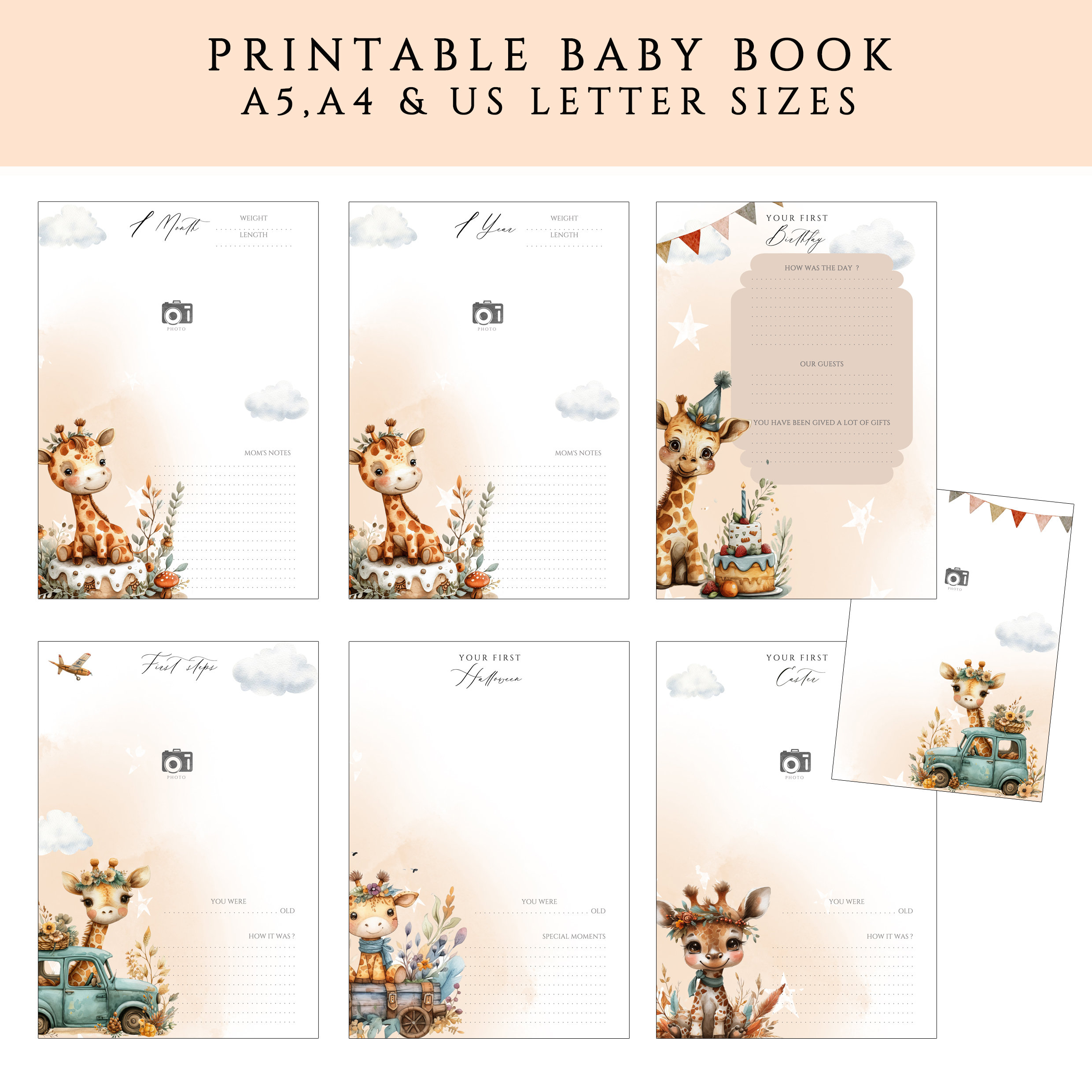 Printable Baby Memory Book Pages, Giraffe Baby Monthly Milestone Book ...