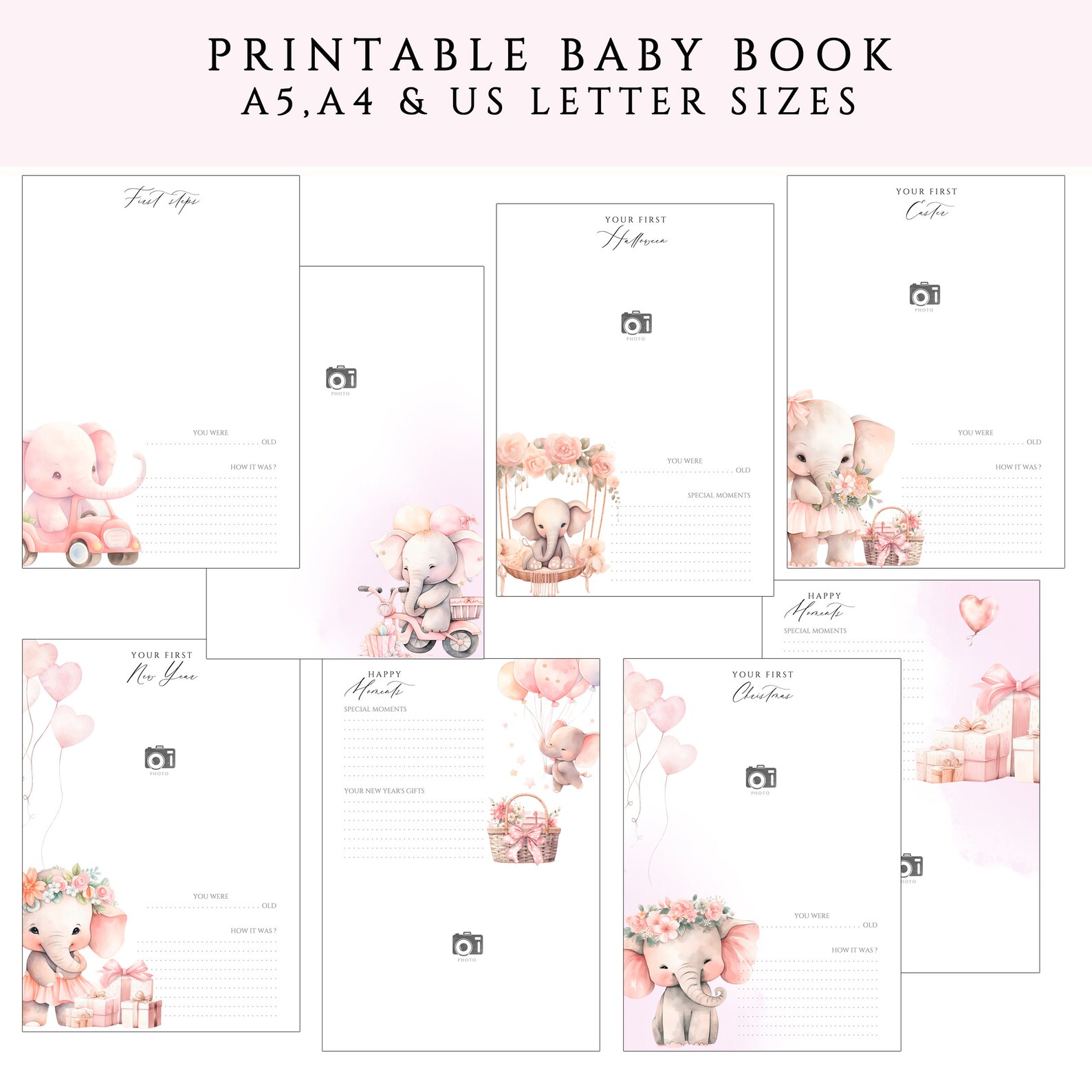 1st Printable Baby Book Pages, Pink Elephant Baby Memory Book, First ...