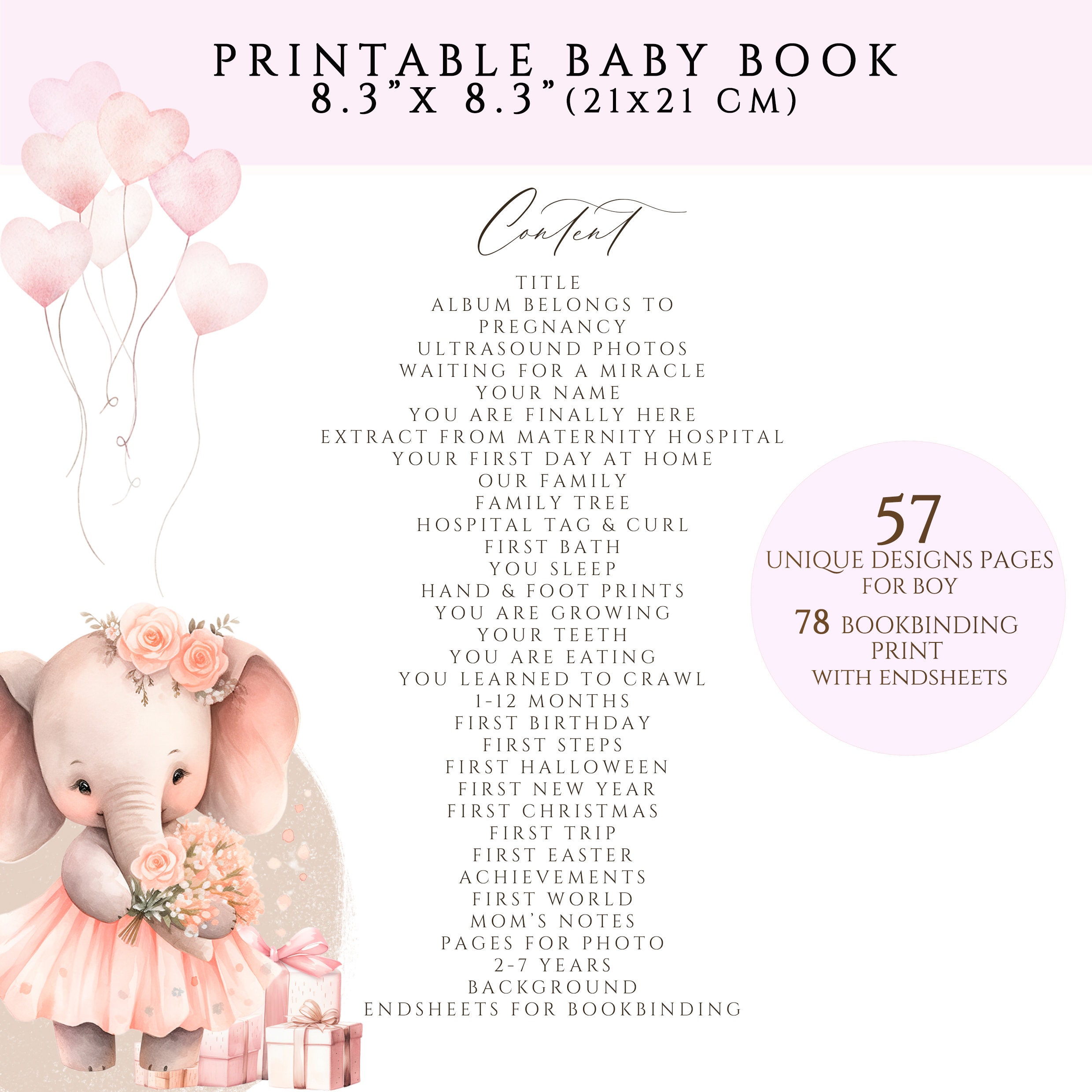 Pink Elephant Baby Monthly Milestone Book, Printable Baby Memory Book ...