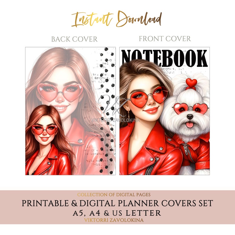 Red Fashion Girl Printable Planner Covers, Digital Notebook Cover ...