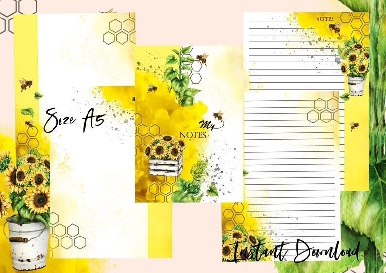 Lined Notes and Unlined Journal Paper - Sunflowers Bees Printable ...