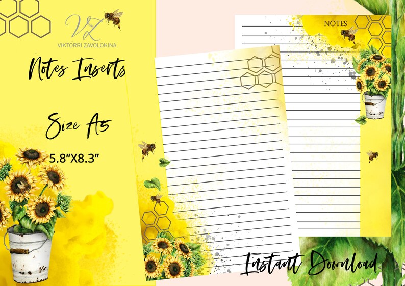 Lined Notes and Unlined Journal Paper - Sunflowers Bees Printable ...