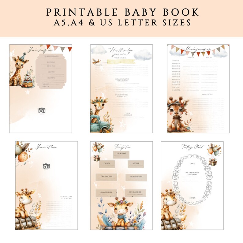 Printable Baby Memory Book Pages, Giraffe Baby Monthly Milestone Book ...