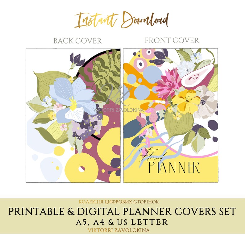 Floral Abstract Printable Planner Covers, Digital Notebook Cover ...