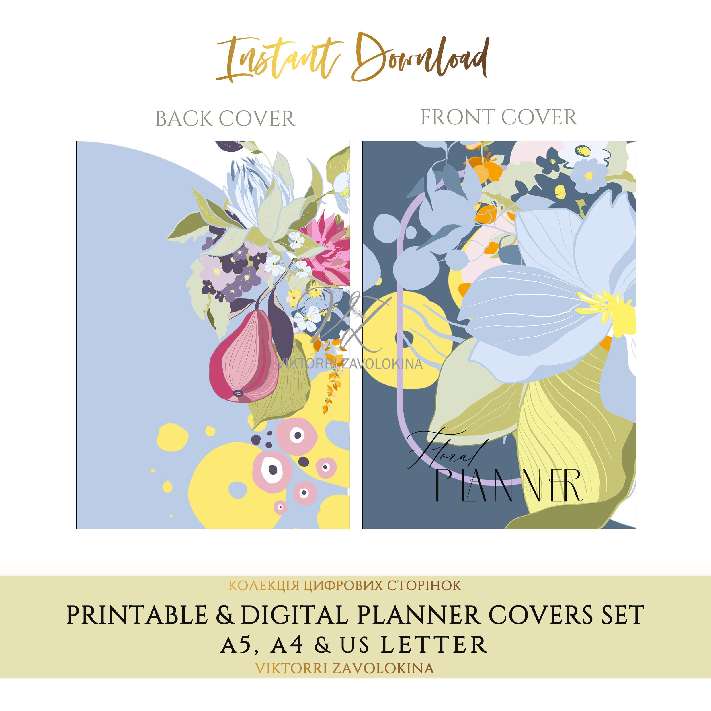 Floral Abstract Printable Planner Covers, Journal Cover, Digital ...