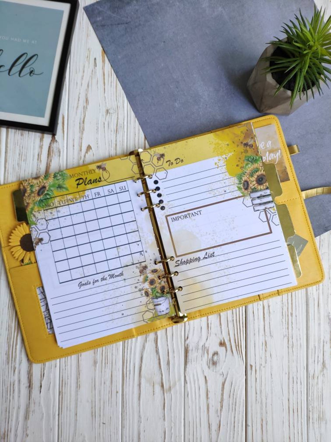 A5 Undated Monthly Digital Planner Printable Pages Sanflowers & Bees A5 ...